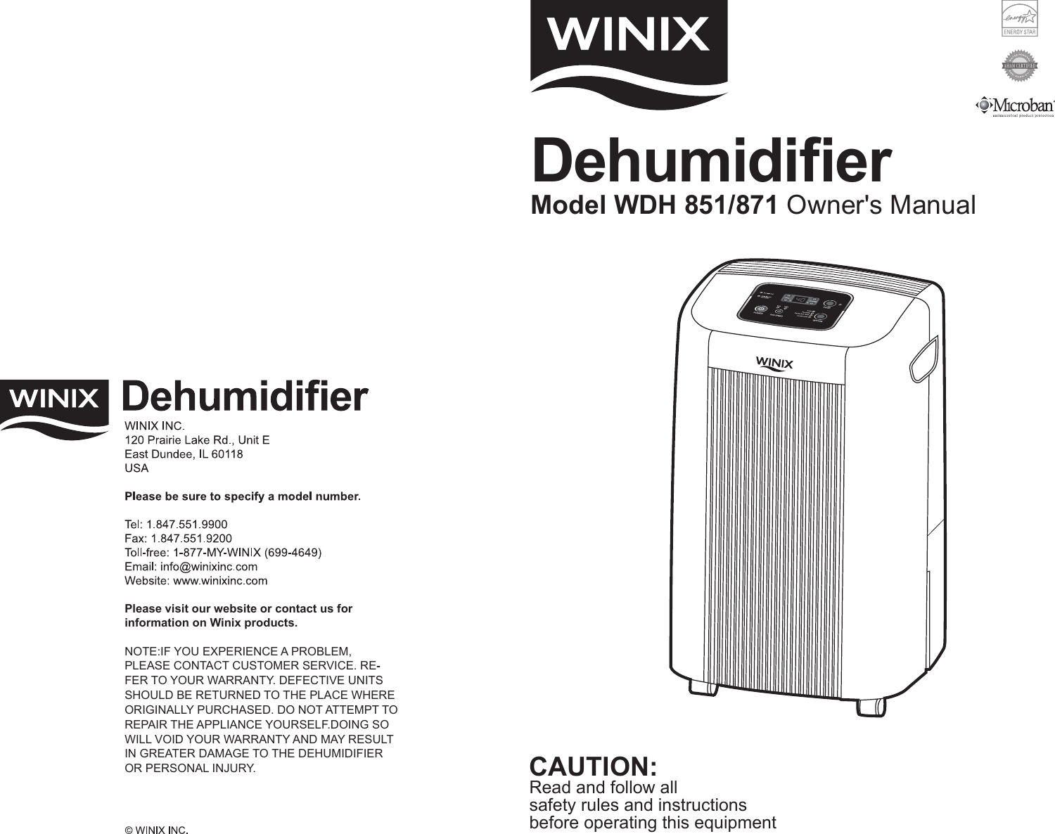 Winix Winx Dehumidifer 871 Users Manual Cover