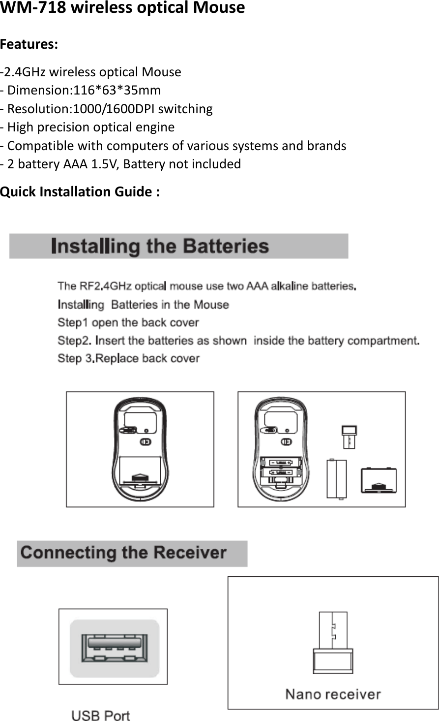 Wintop Electronics WM718 Wireless Optical Mouse User Manual