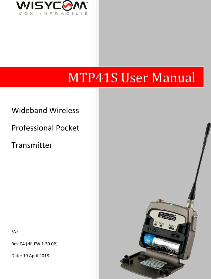 Wisycom MTP41SUS8 POCKET TRANSMITTER User Manual MTP41S