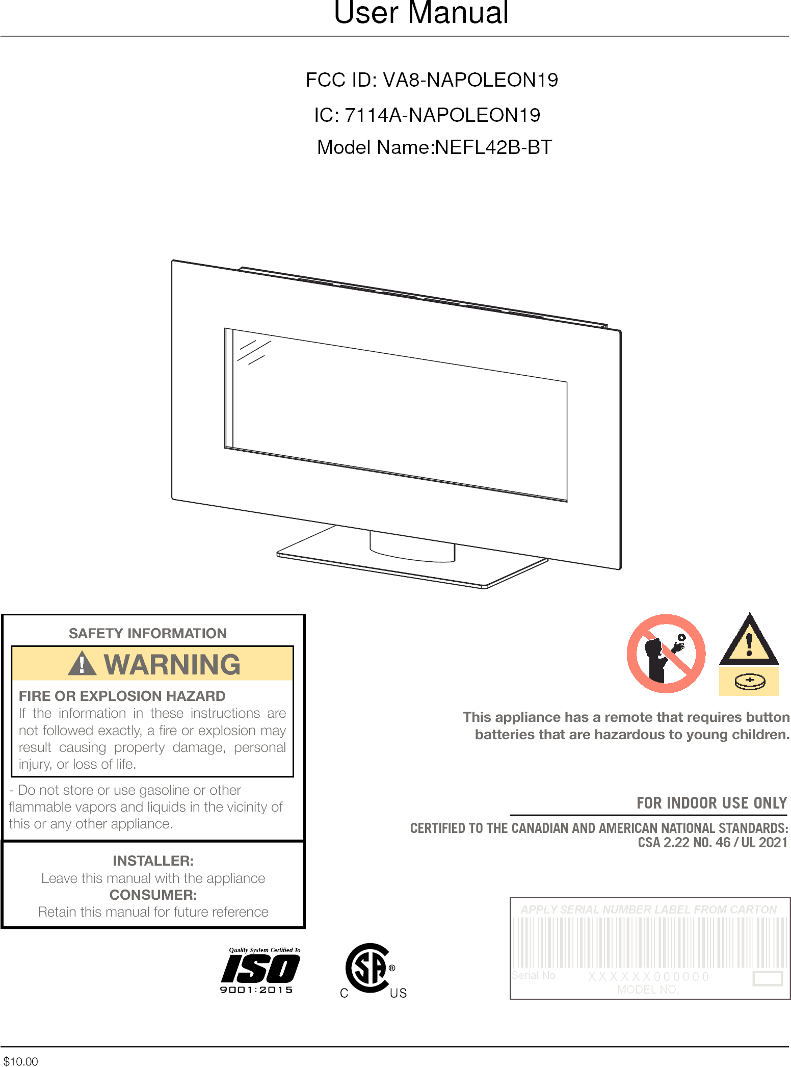 Wolf Steel NAPOLEON19 Electric fireplace User Manual UM