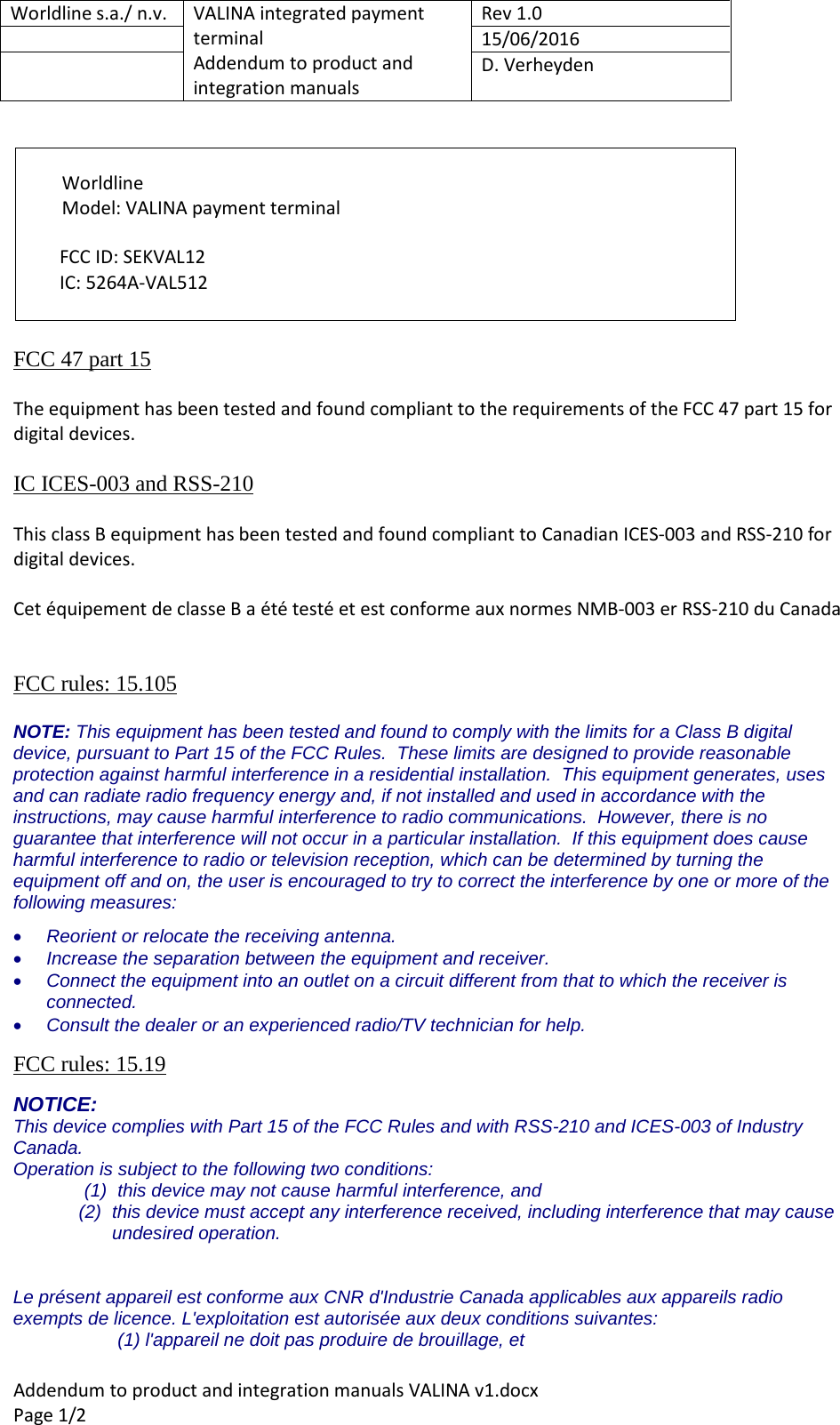 Worldline n v VAL512 NFC Payment terminal User Manual use manual ...