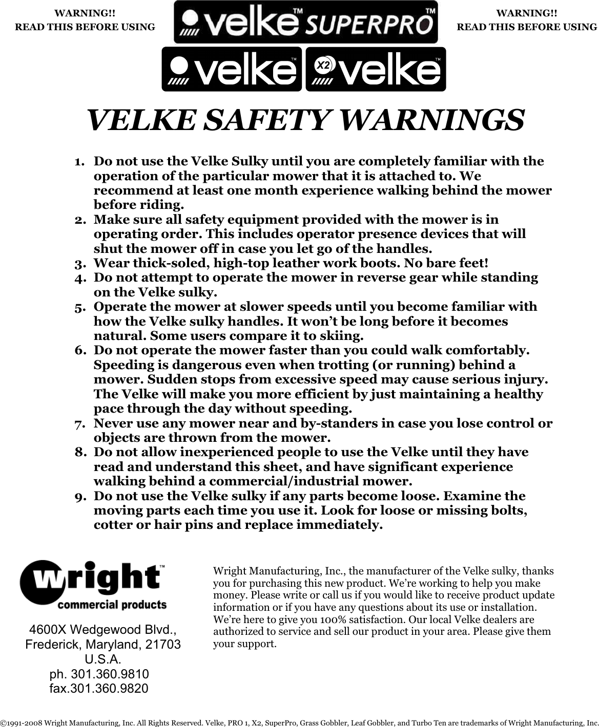Wright Manufacturing Vkx2 3R Users Manual Velke Sulky X2 5 10