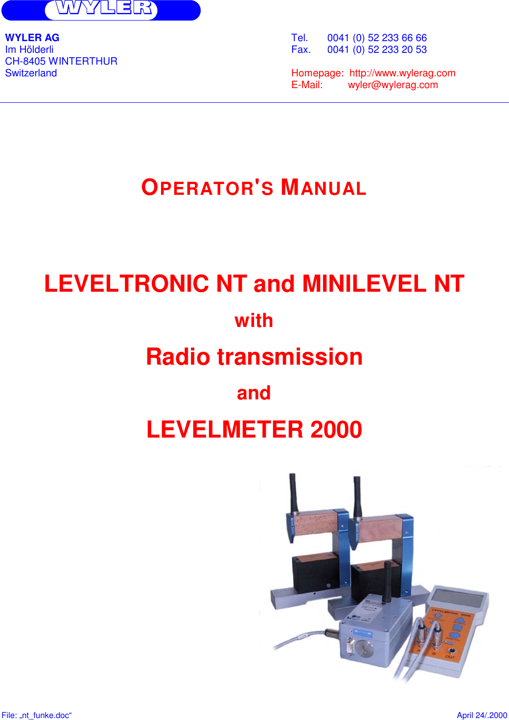 Wyler 065-005-0351 Leveltronic NT and Minilevel NT with radio TX User ...