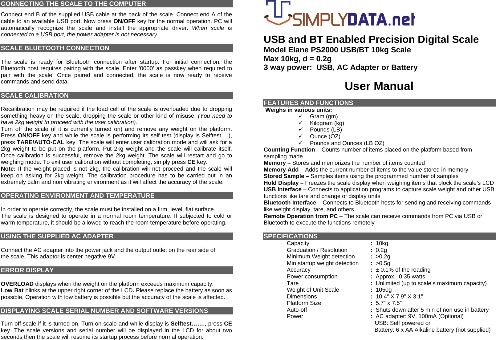 XIAMEN SCALETECH PS2000USB-BT2 USB/BT Scale Elane PS2000 User Manual