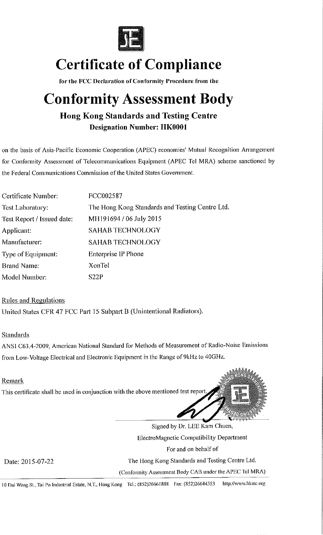 MH191694_R1 FCC S22 Certificate
