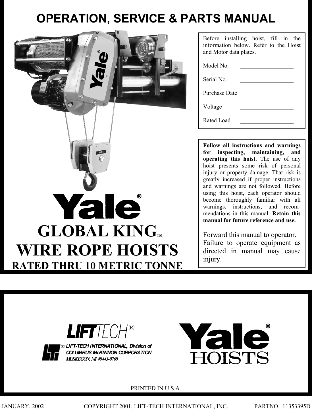 Yale 11353395D Users Manual OPERATION SERVICE PARTS yale-11353395d-users-manual-operation-service-parts