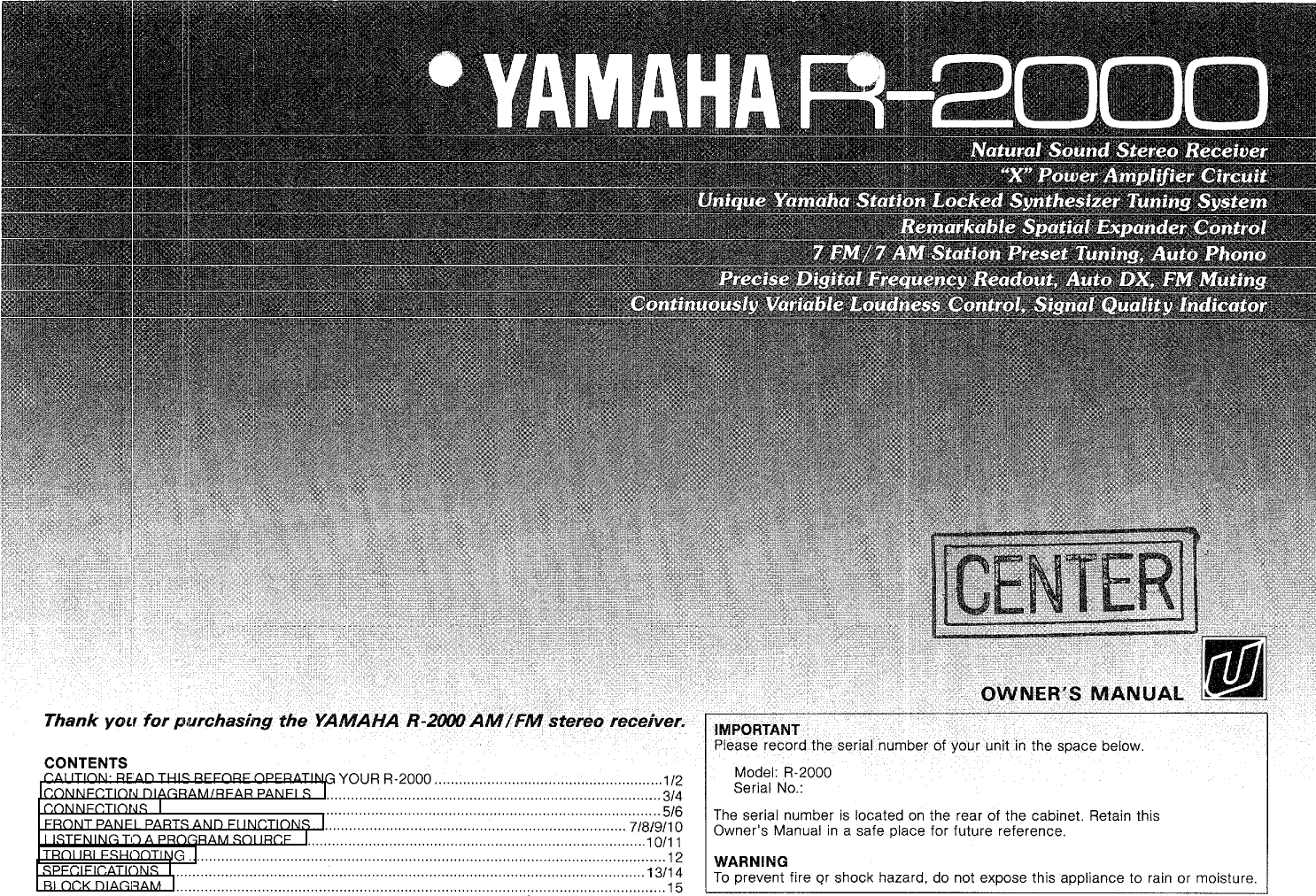 Yamaha .橡.ページ) R 2000 OWNER'S MANUAL R2000