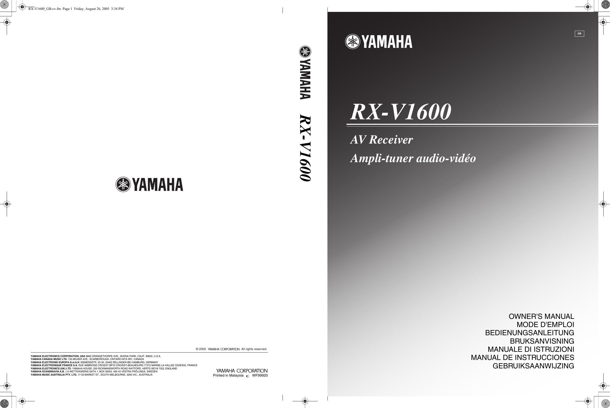 Yamaha Rx V1600 Owners Manual