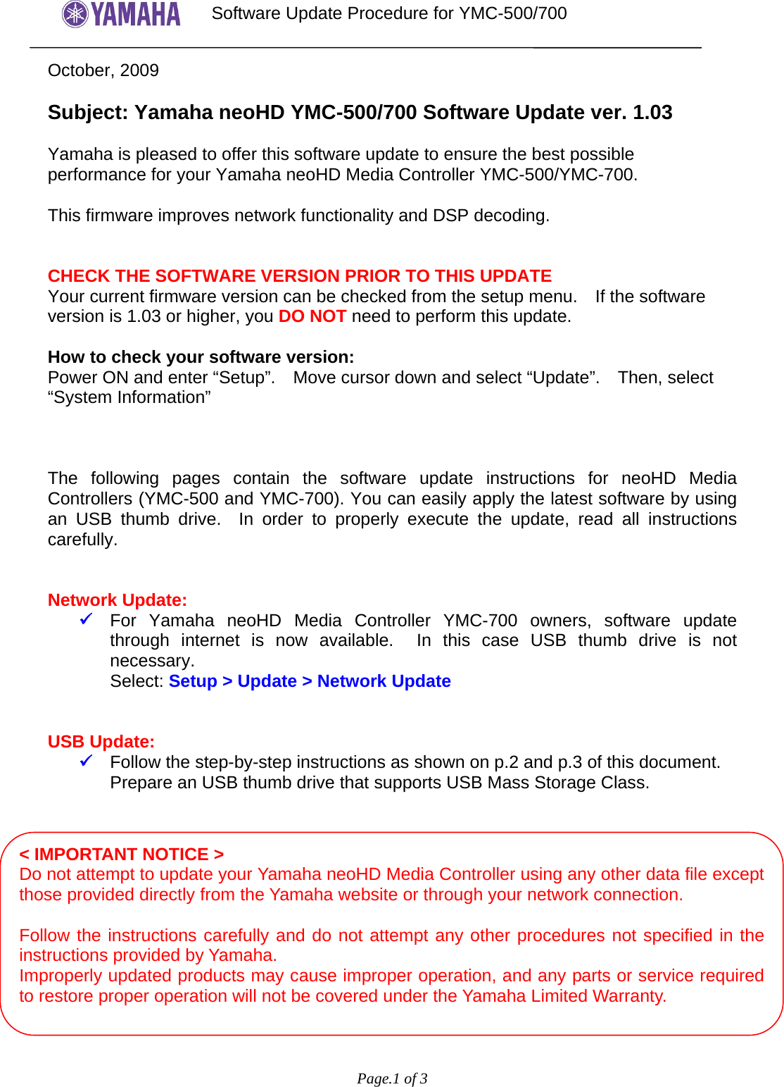 Yamaha YMC500_700 Firmware Update Ver1.03 YMC 500 VERSION 1.03 RELEASED ...