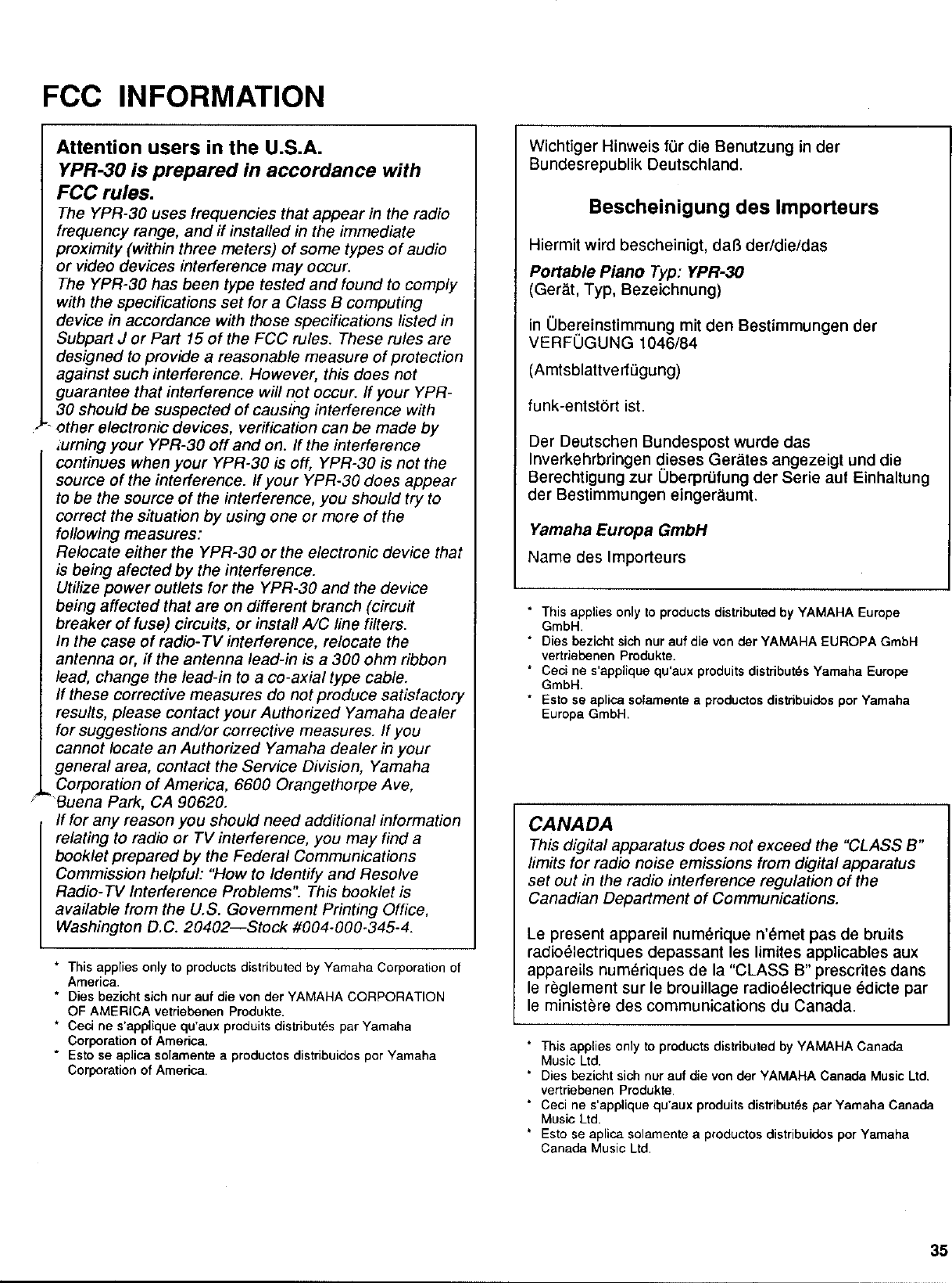 Yamaha Ypr 30 Owners Manual