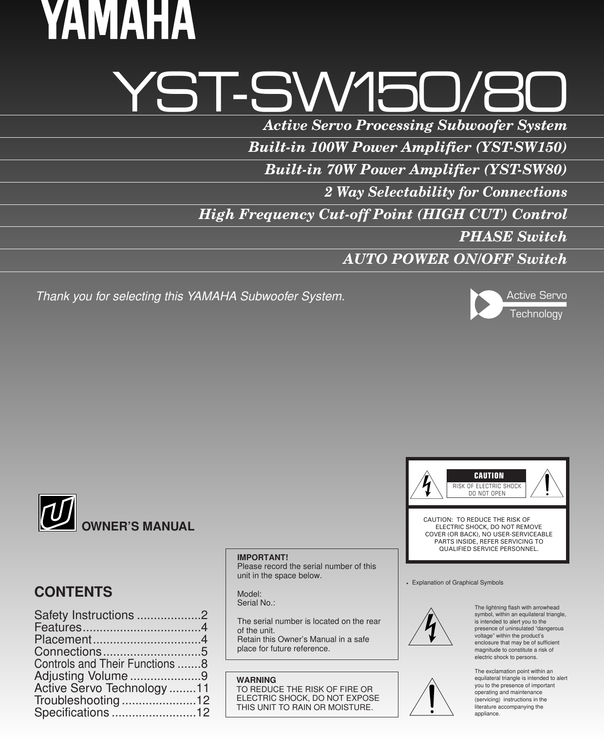 Yamaha Yst Sw150 80 Owners Manual 0SW150/80 USA(96.6.25)