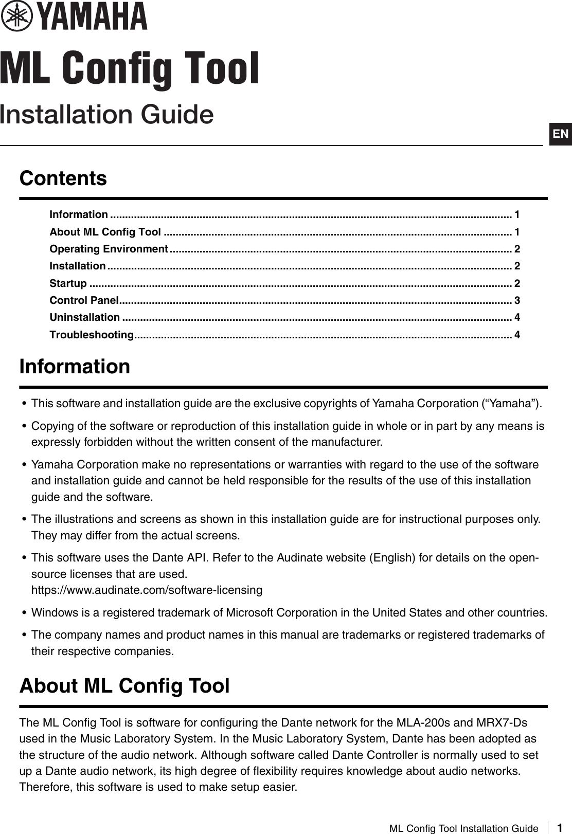 Yamaha ML Config Tool Installation Guide Mlconfigtool En Ig A0