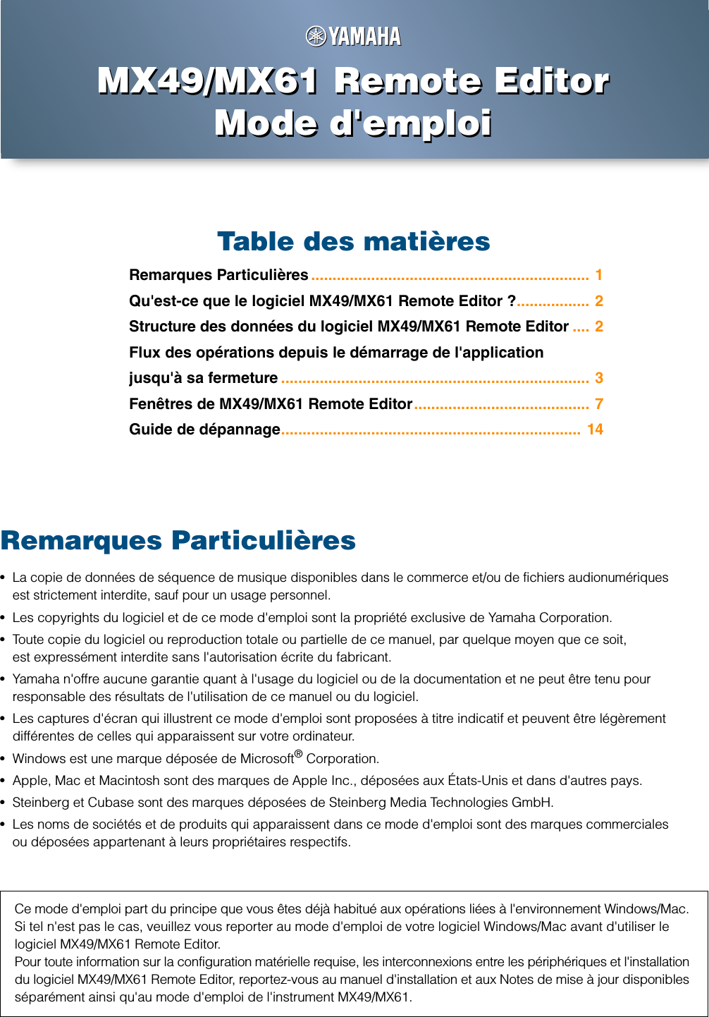 Yamaha MX49/MX61 Remote Editor Owner's Manual MX49/MX61/MX88 Mx49mx61 ...