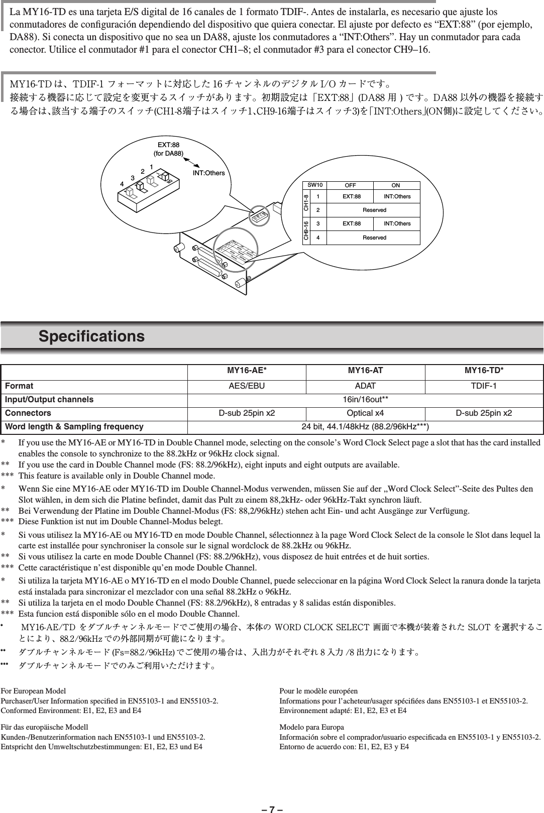 Yamaha DIGITAL I/O CARD MY16 AE/MY16 AT/MY16 TD Owner's Manual ae At En ...