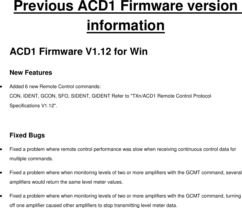 Yamaha Previous ACD1 Firmware Version Information Versions