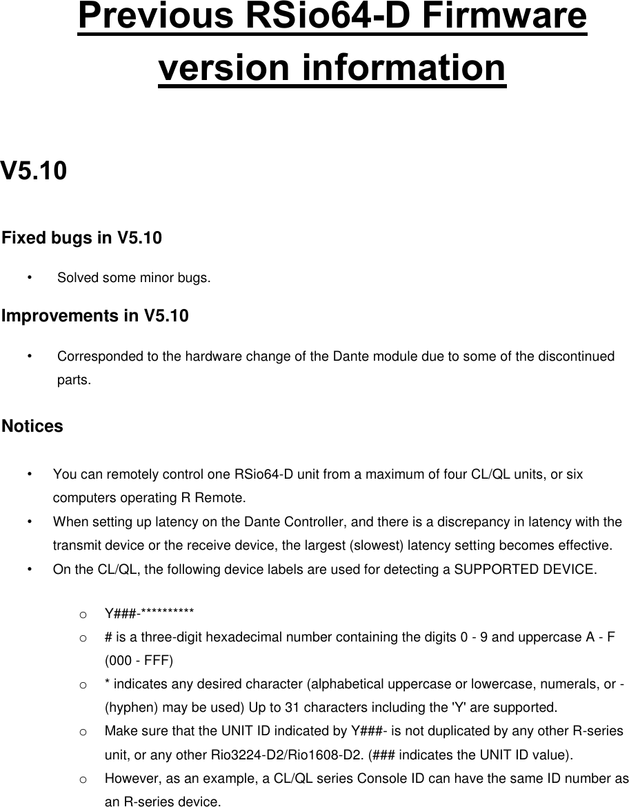Yamaha Previous RSio64 D Firmware Version Information Versions