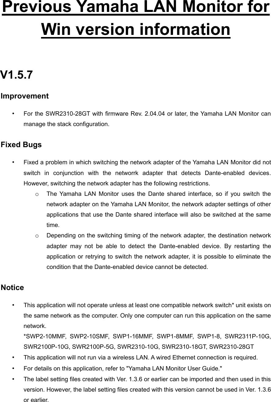 Yamaha Previous LAN Monitor Version Information For Win Versions