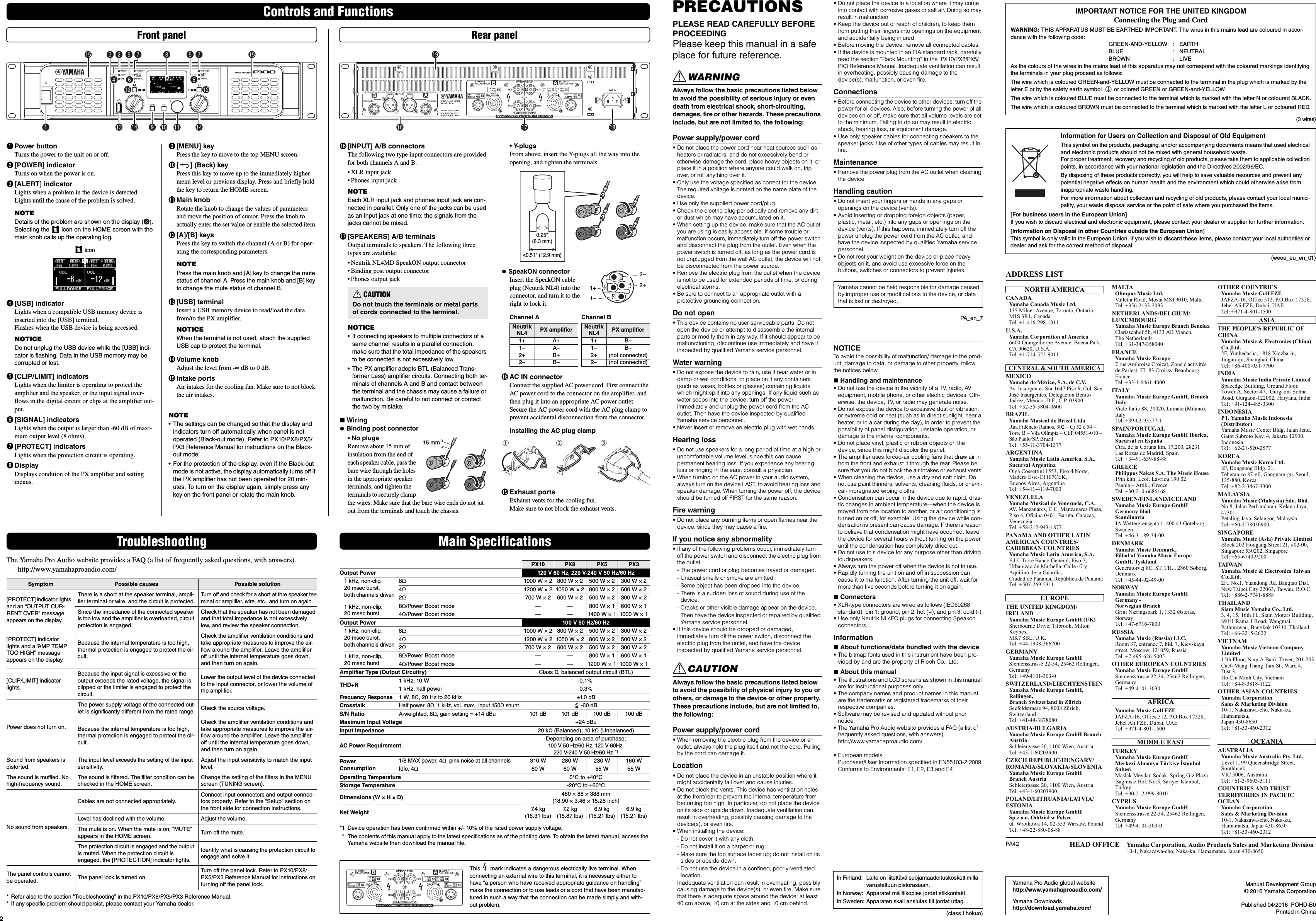 Yamaha PX10/PX8/PX5/PX3 Owner's Manual Px10 En Om B0