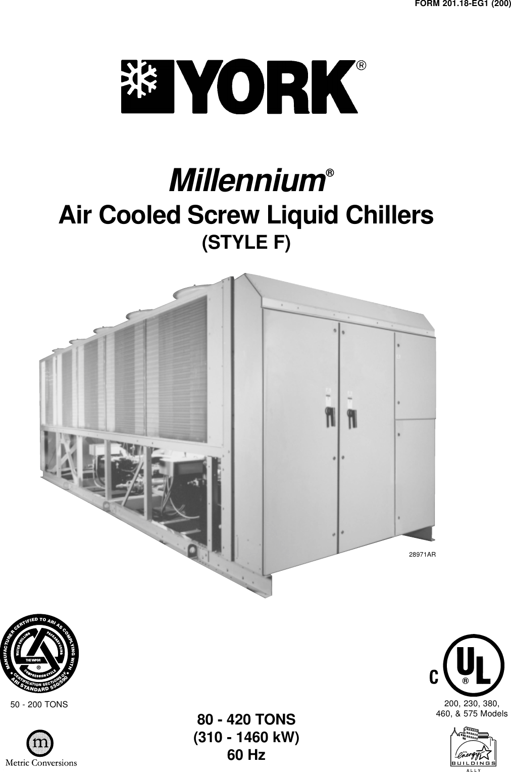 York Millennium 28971Ar Users Manual Form 201.18 EG1 (200), Air Cooled ...