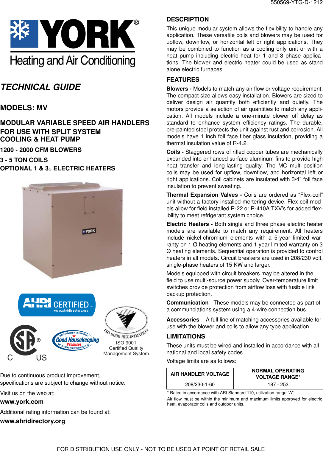 York Mvc Air Handler Technical Guide 550569 YTG D 1212