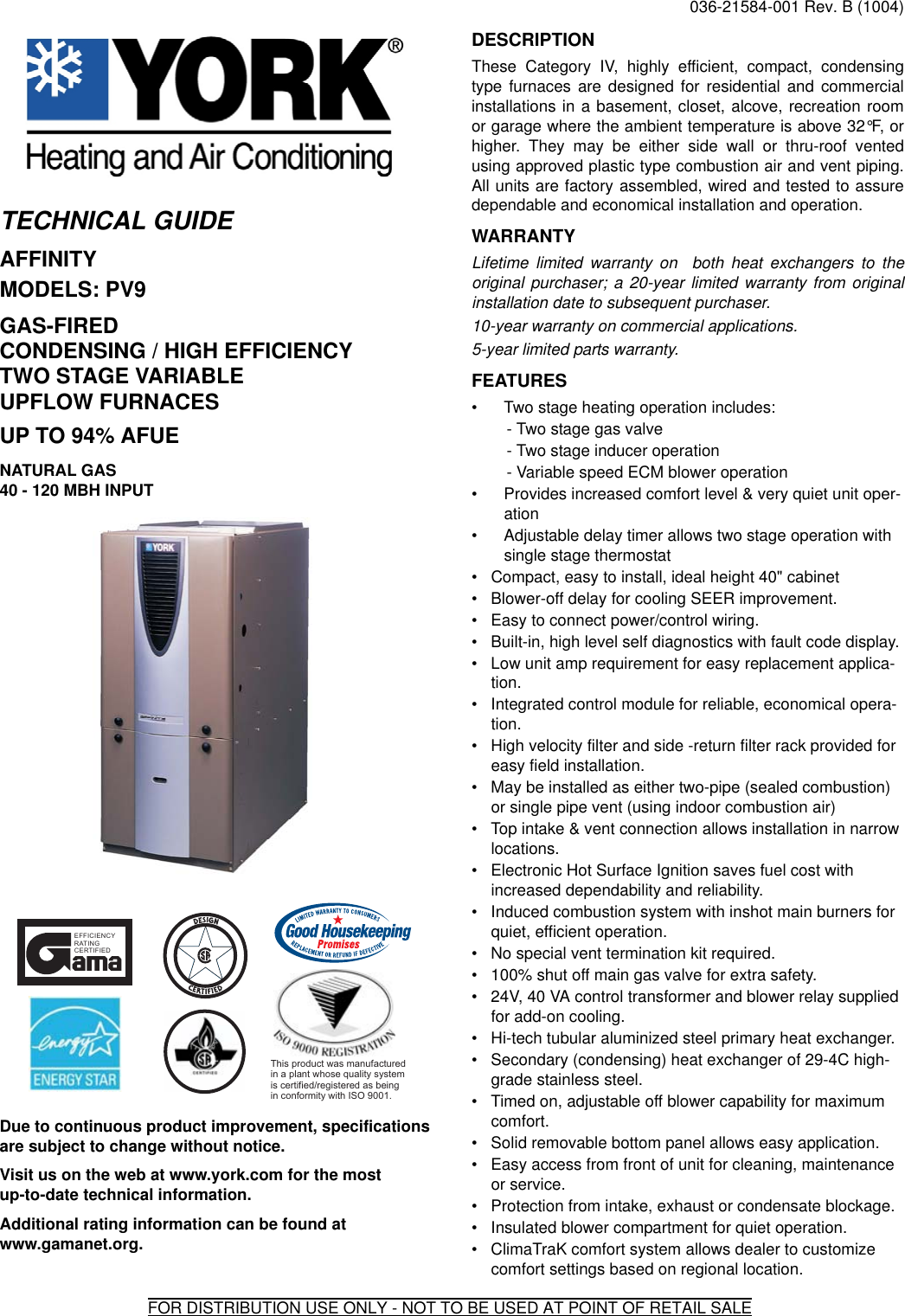 York Pv9 Users Manual 036 21584 001 B 1004