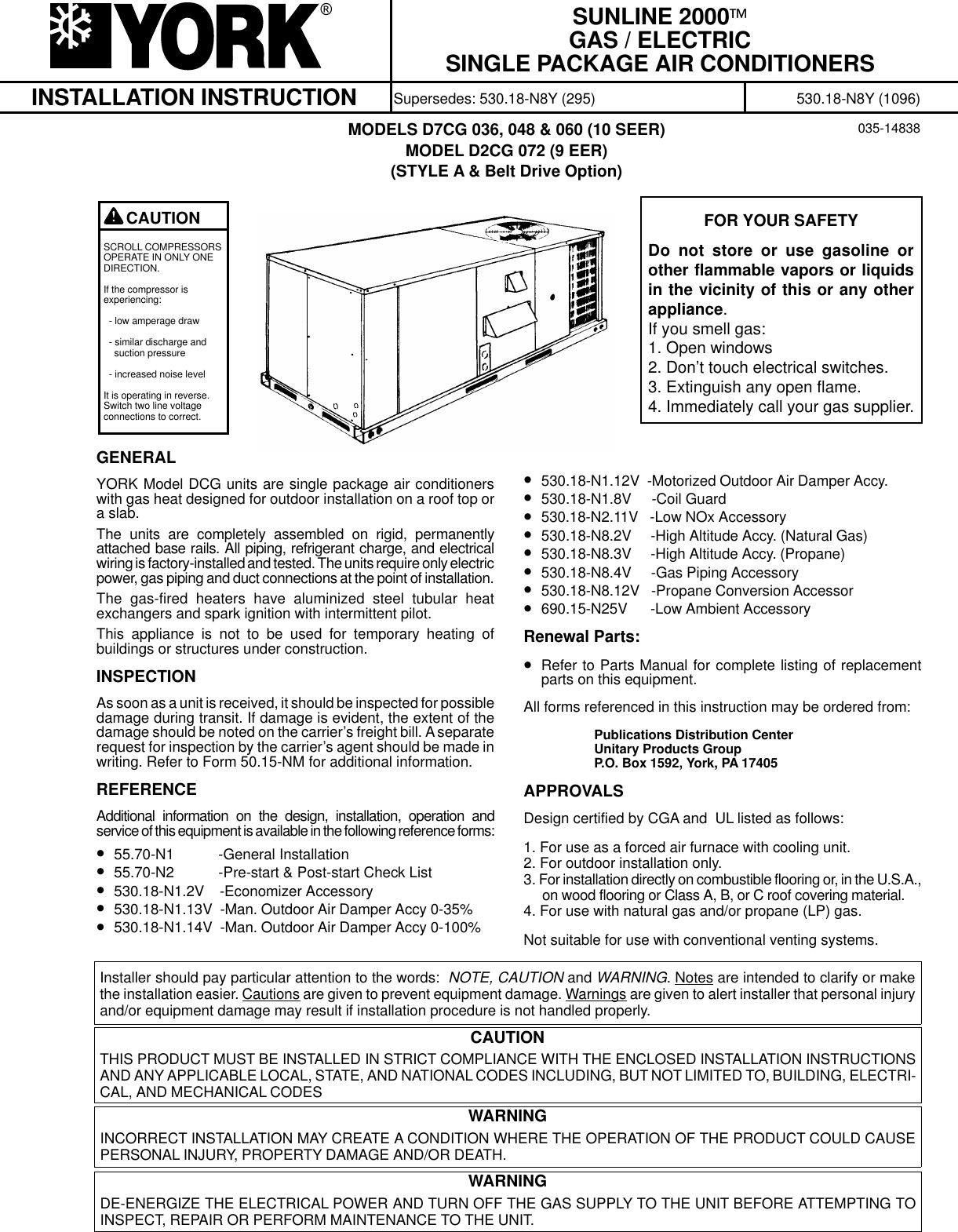 York Sunline 2000 D2Cg 072 Users Manual DCG INSTALLATION INSTRUCTION