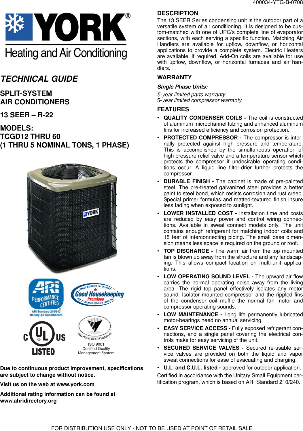 York Tcgd12 Thru 60 Users Manual 400034 YTG B 0708