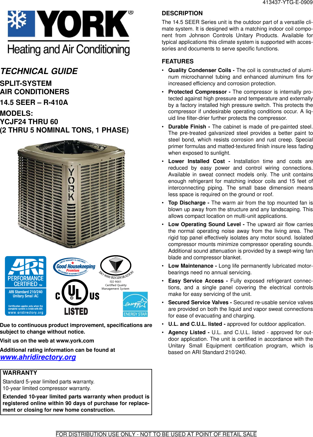 York Ycjf24 Thru 60 Users Manual 413432 YTG E 0909