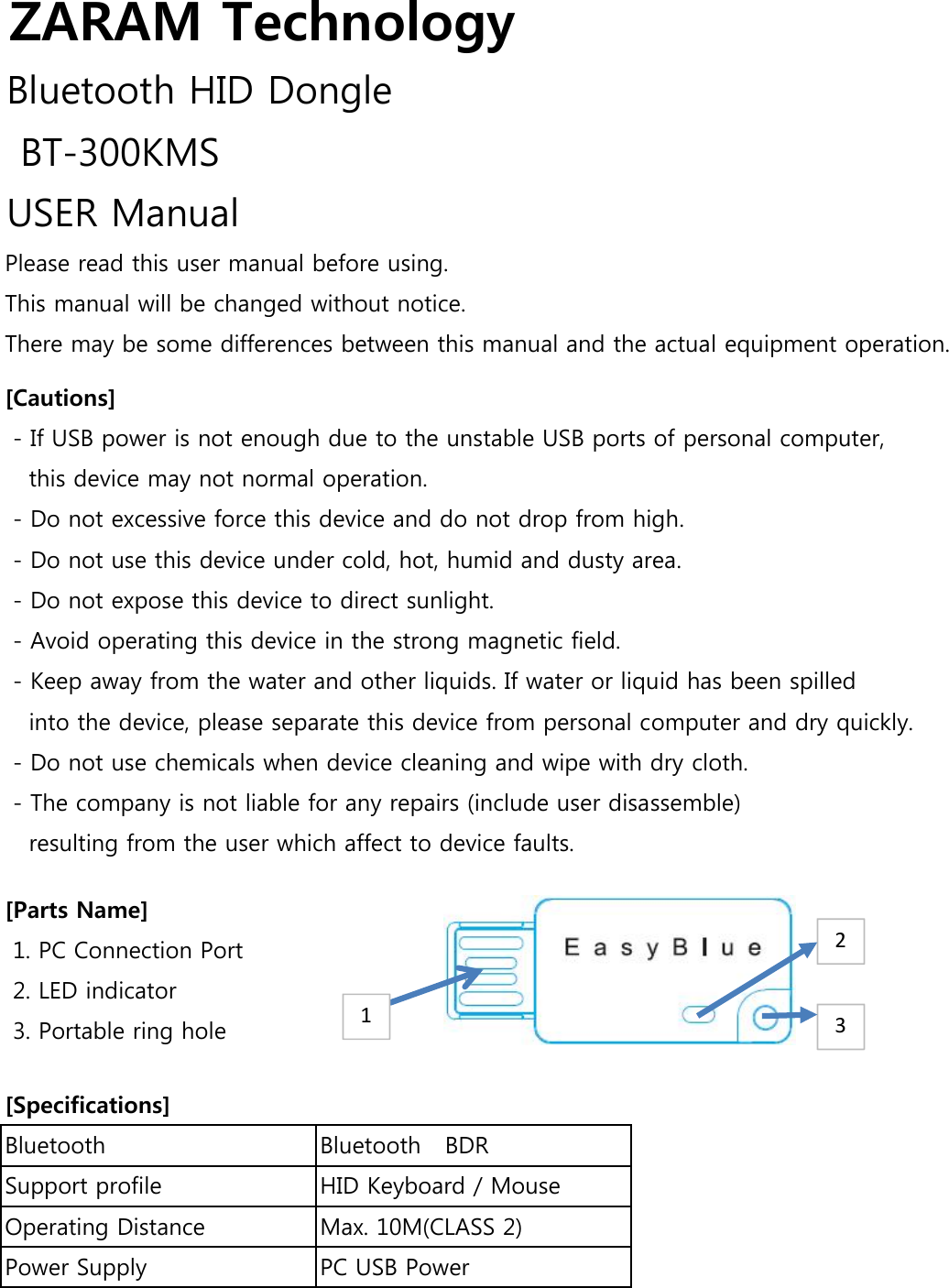 ZARAM TECHNOLOGY BT-300KMS Bluetooth HID Dongle User Manual