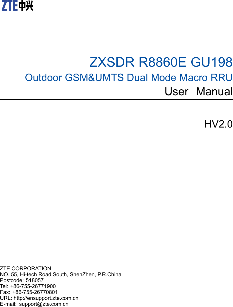 ZTE R8860EGU198A Outdoor GSM/UMTS Dual Mode Remote Radio Unit User Manual