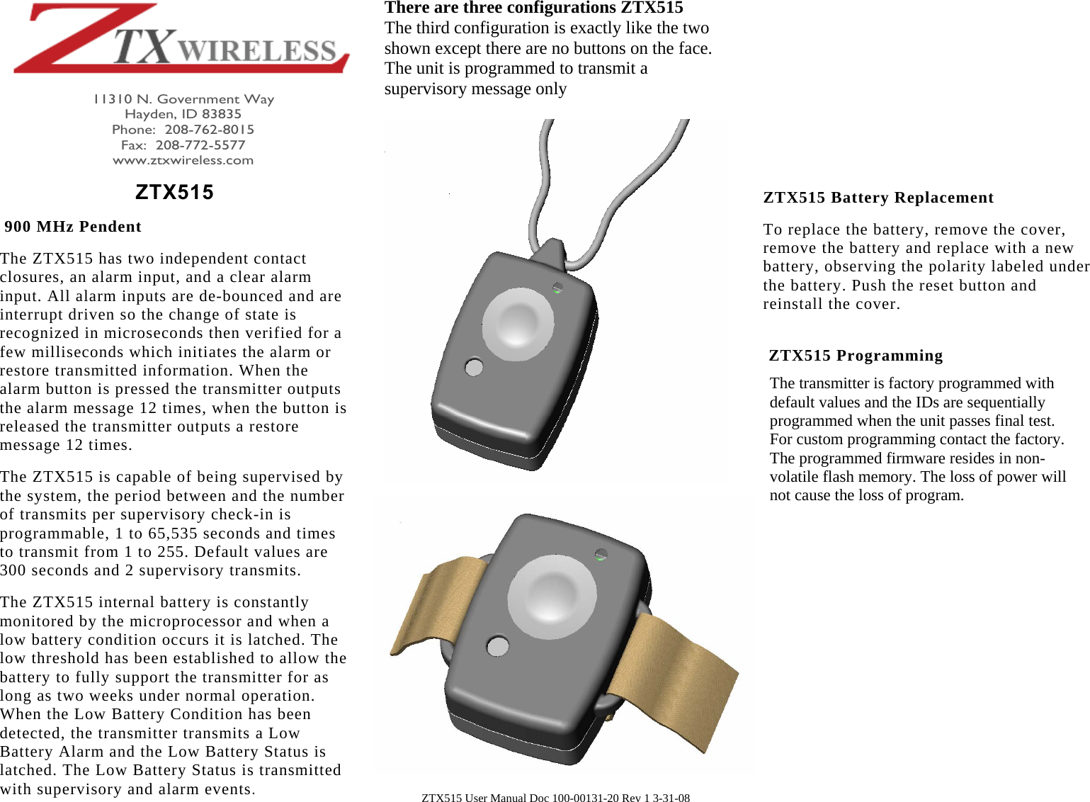 ZTX WIRELESS ZTX515 ZTX515 PENDANT User Manual