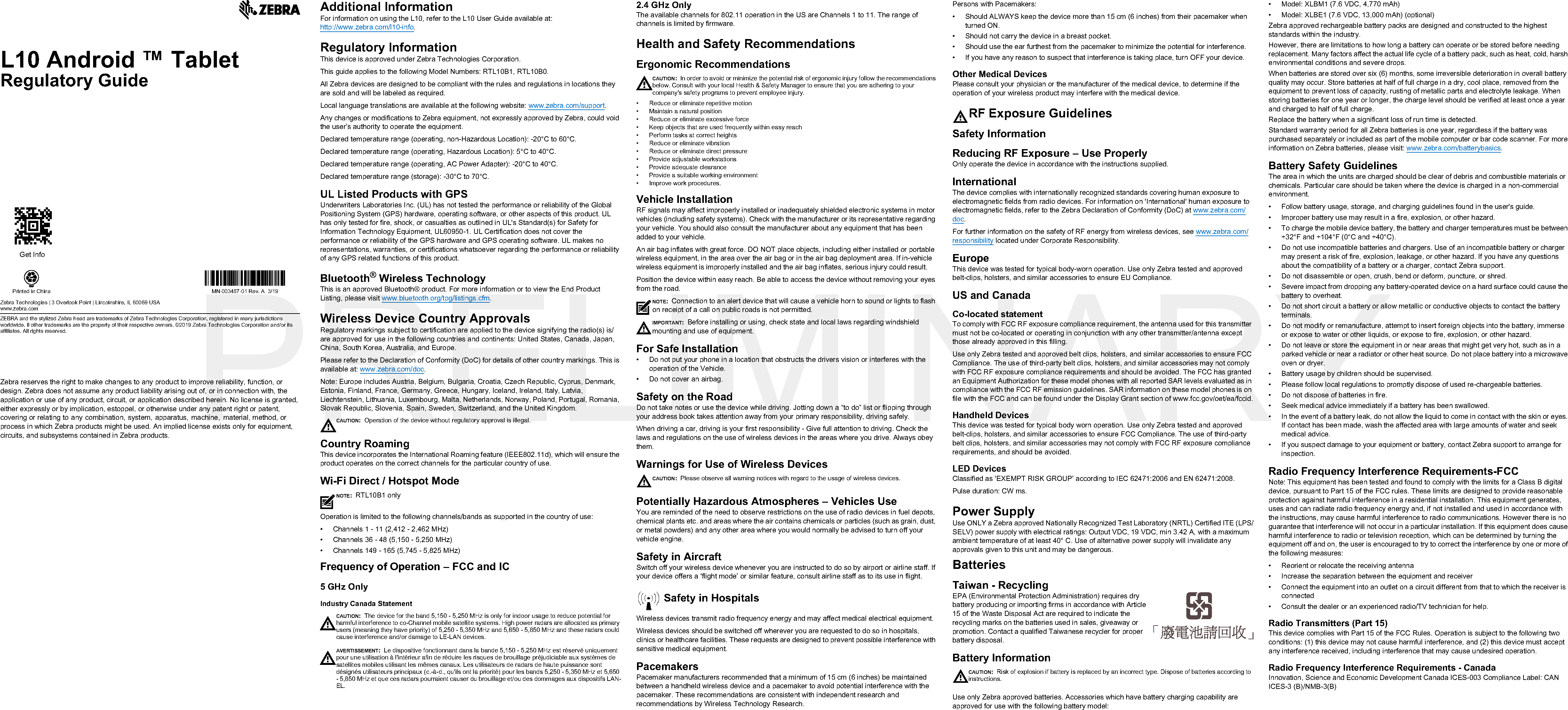 Zebra Technologies RTL10B1 Tablet User Manual L10 Android Regulatory ...
