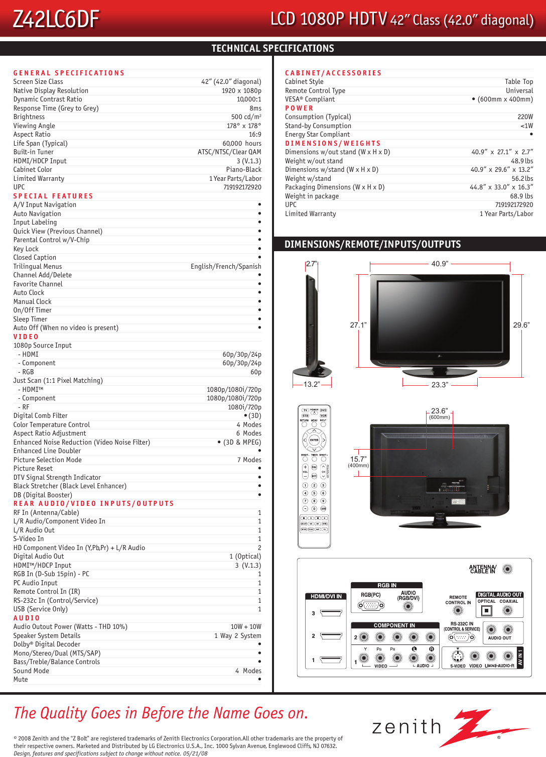 Zenith Z42Lc6Df Users Manual