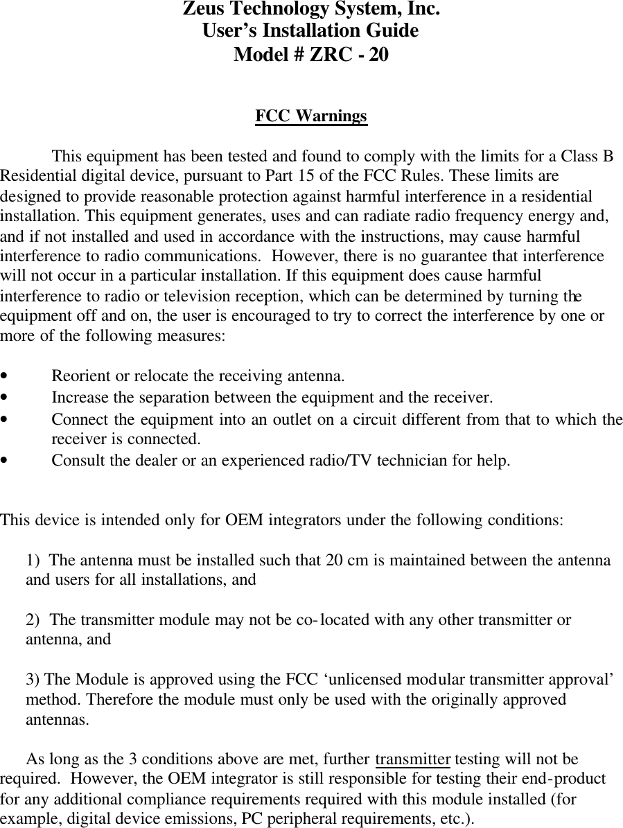 Zeus Technology Systems ZRC-20 Modular FHSS Transceiver User Manual ZRC 20 Revised