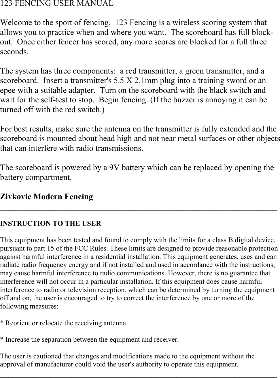 Zivkovic Modern Fencing Equipment 123FENCING Transmitter User Manual B707 6