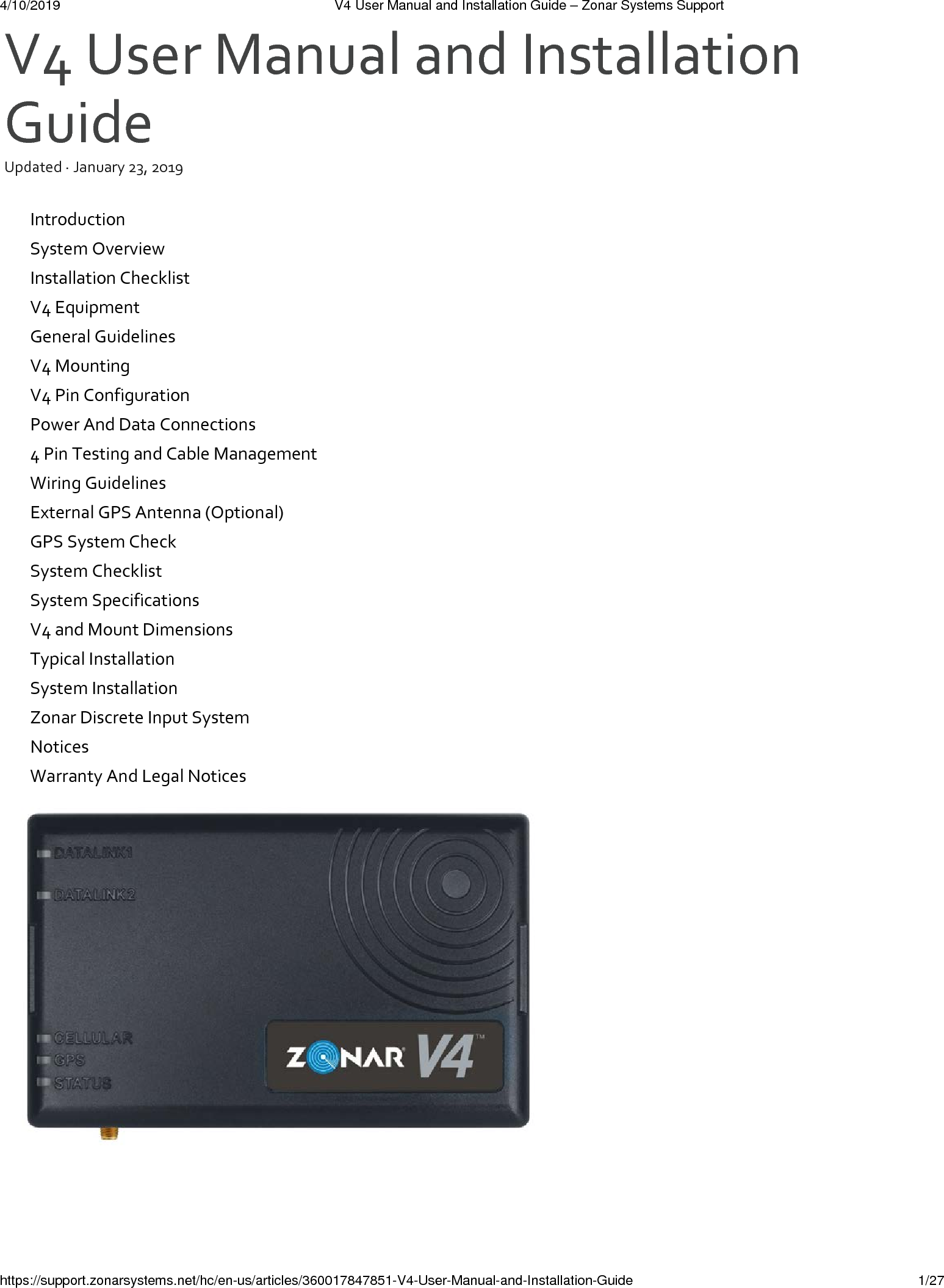 Zonar Systems ZTCU4B Vehicle Mounted Telematics Device User Manual