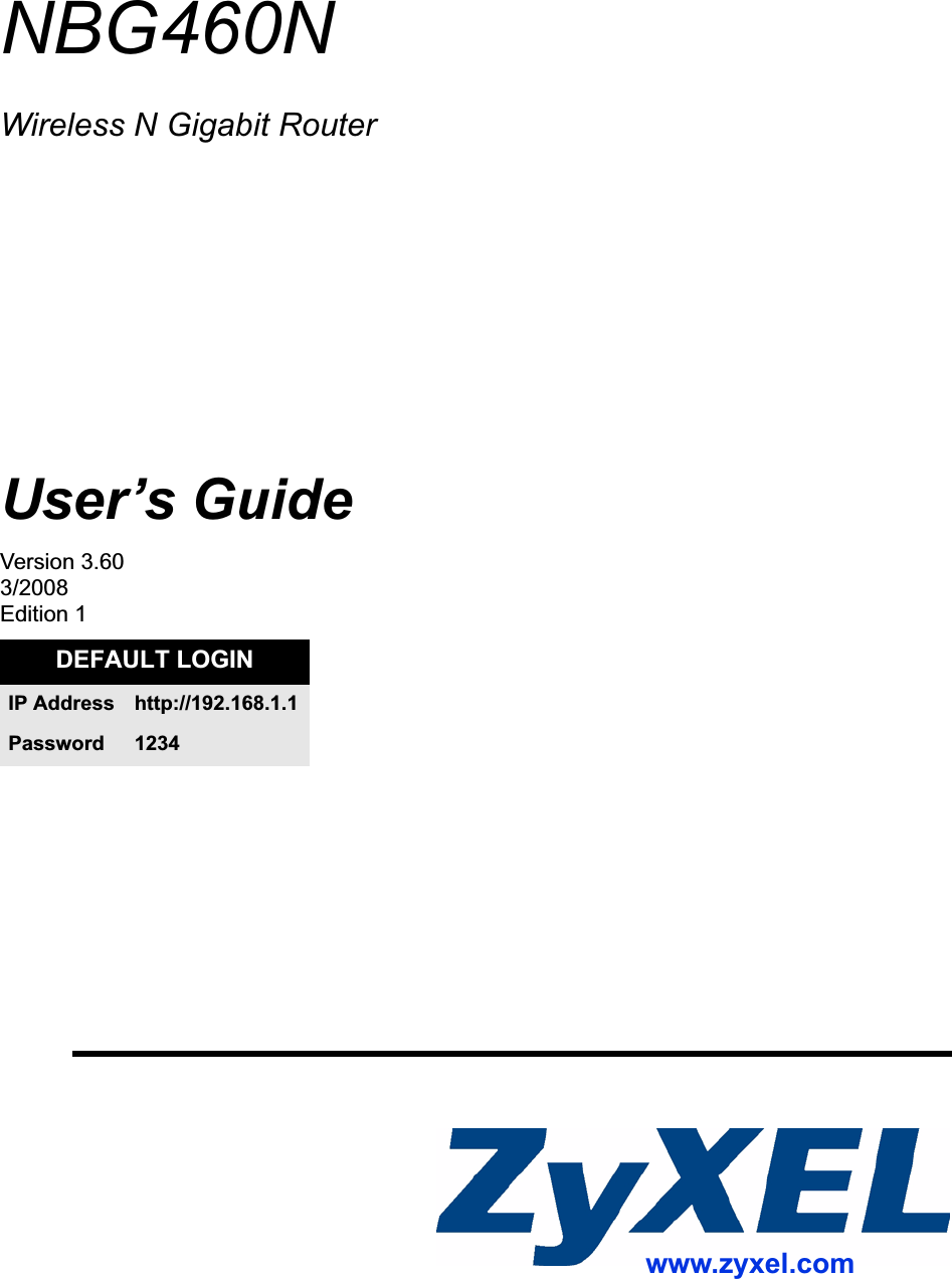 ZyXEL Communications X550NH Wireless Gigabit Router User Manual NBG334W ...