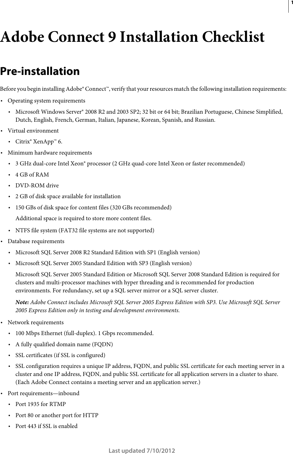 Adobe Connect 9 Installation Checklist 9.0 Install En