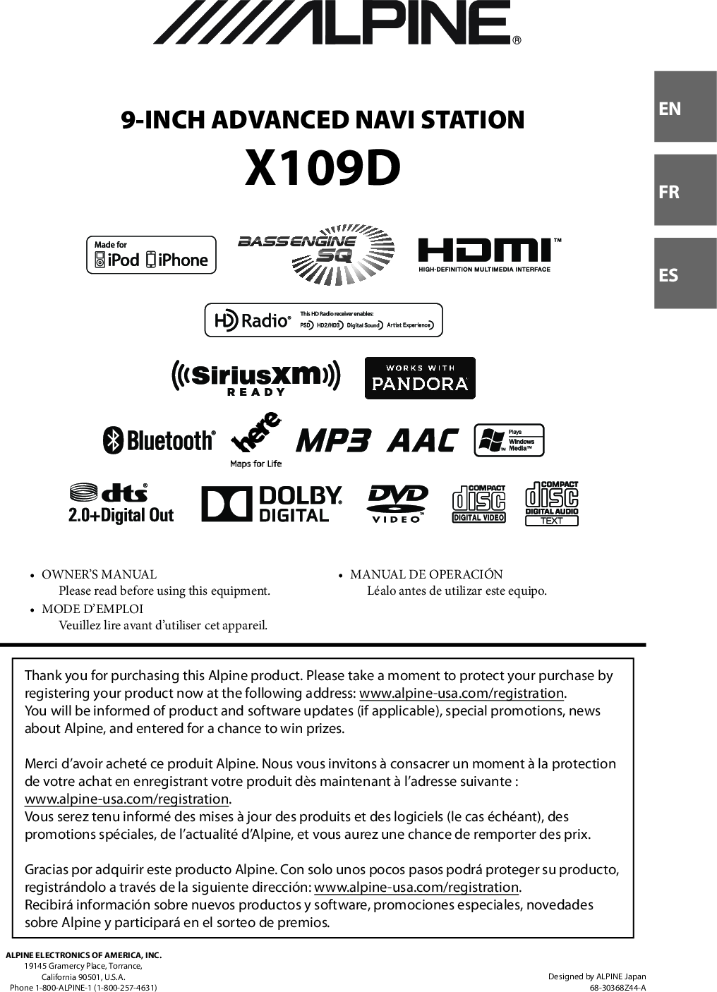 Alpine X109D X109 WRA Operating Instructions OM EN