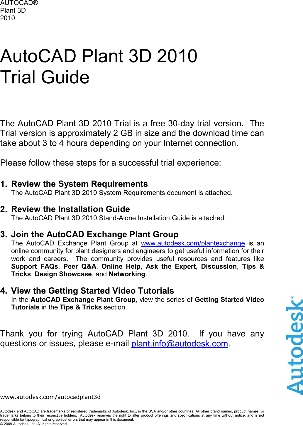 Autodesk Auto CAD Plant 3D 2010 Trial Guide EN