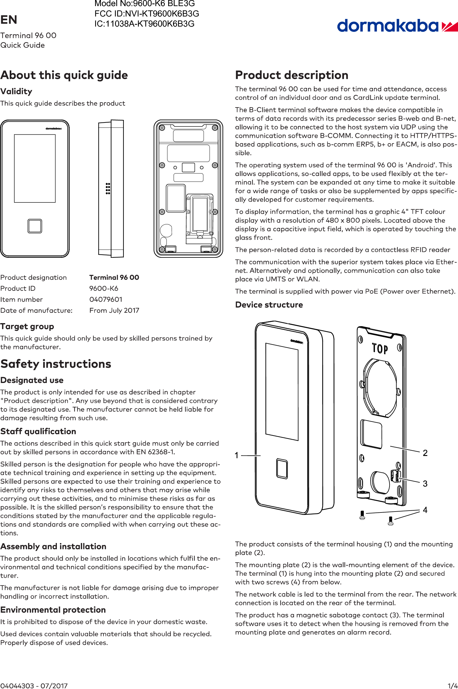 dormakaba EAD KT9600K6B3G data collection terminal with BT & RFID User ...