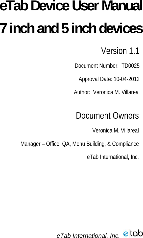 e tab E1107 Restaurant Tablet Discussion and FAQ eTab Device Usser Manual