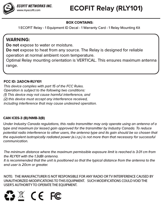ecofit networks RLY101 The ECOFIT RLY101 device connects to stationary ...