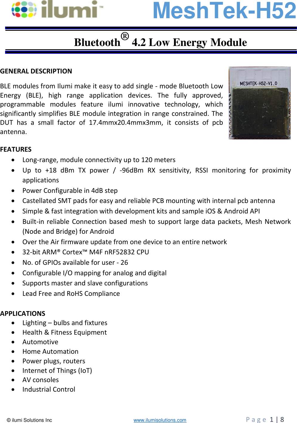 ilumi solutions MESHTEK-H52 MeshTek BLE Module User Manual