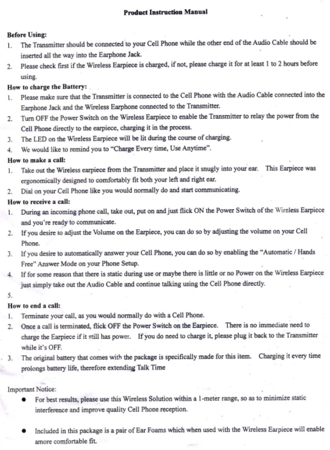 Nite 222068 Wireless HandFree For Cellular Phone User Manual