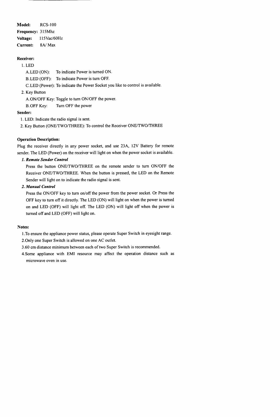 Rayson Technology RCS-100 Security Remote Control Transmitter User Manual