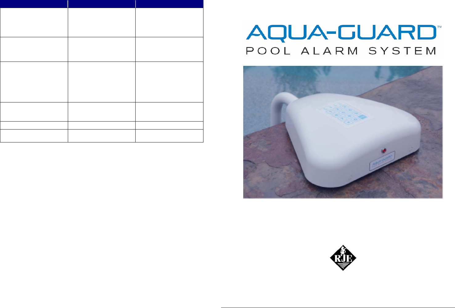 RJE Technologies AQUAGUARD Pool Alarm with Wireless Remote User Manual ...