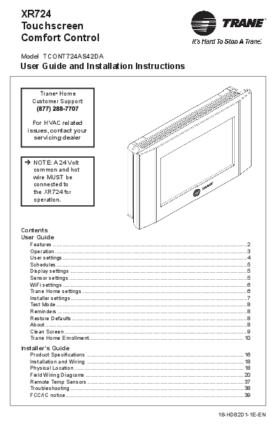 TRANE XR724 Touchscreen Comfort Control User Guide