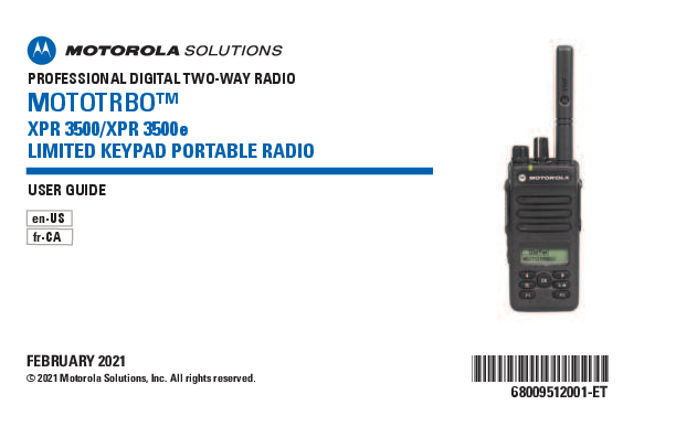 motorola Solutions XPR 3500 Limited Keypad Portable Radio User Guide