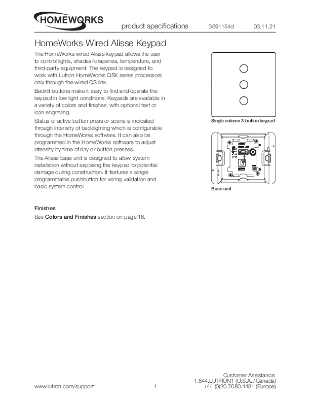 Lutron HomeWorks Wired Alisse Keypad Product Specifications and Features